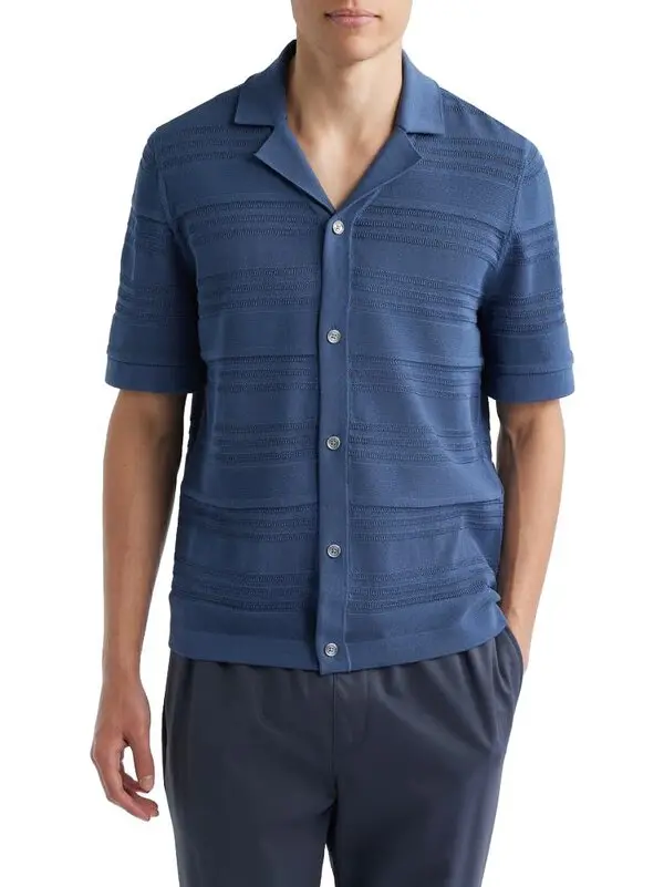 REISS Darsham Textured Stripe Camp Collar Cardigan - Airforce Blue