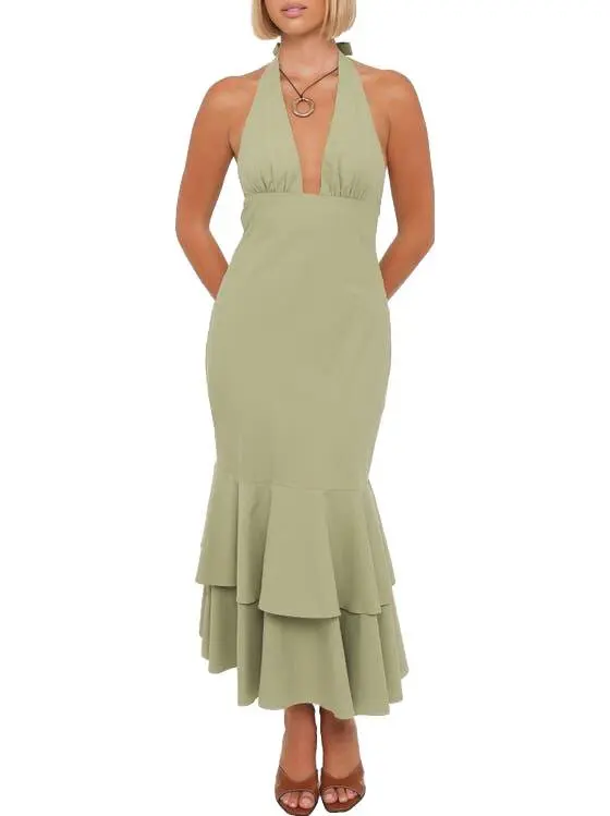 PETAL & PUP Plunge Halter Neck Cotton Maxi Dress With Double Flounce Hem - Olive Green