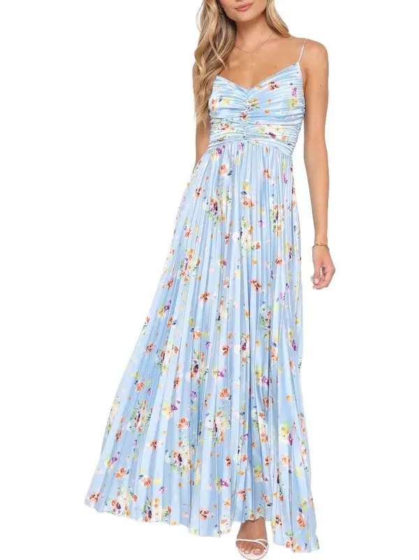 PETAL & PUP Naira Floral Pleated Maxi Dress - Cornflower Blue Floral