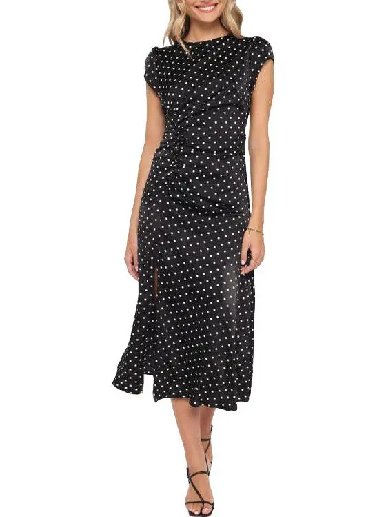 PETAL & PUP Polka Dot Cap Sleeve Satin Midi Dress - Black Polka Dot