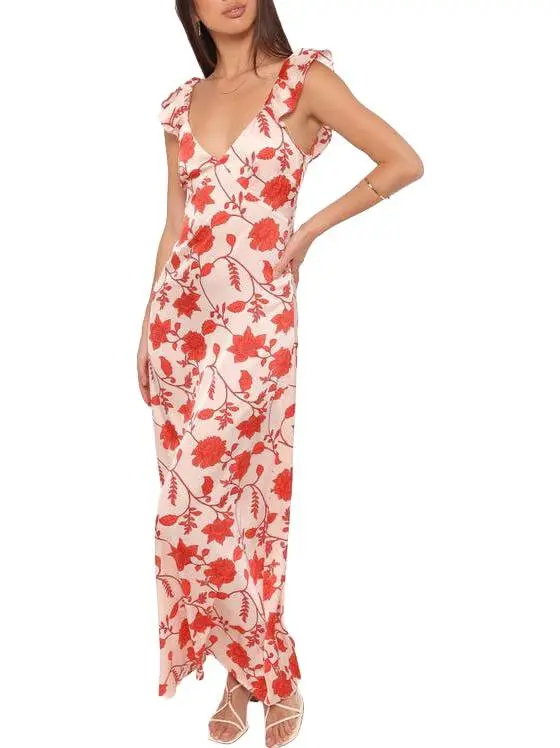 PETAL & PUP Enala Floral Ruffle Sleeve Satin Maxi Dress - Red Floral