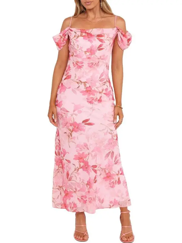 PETAL & PUP Floral Cold Shoulder Midi Dress - Pink Floral