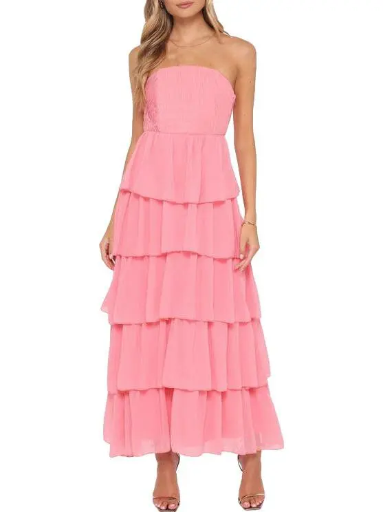 PETAL & PUP Strapless Tiered Maxi Dress - Coral