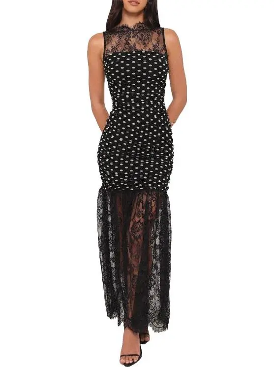 PETAL & PUP Jubilee Mixed Media Lace & Mesh Maxi Dress - Black Polka Dot