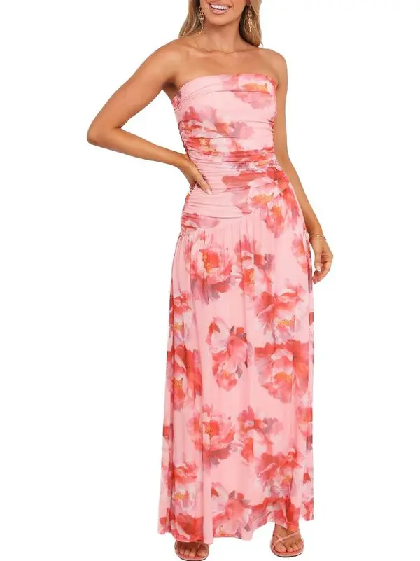 PETAL & PUP Calypso Floral Strapless Maxi Dress - Pink Peony