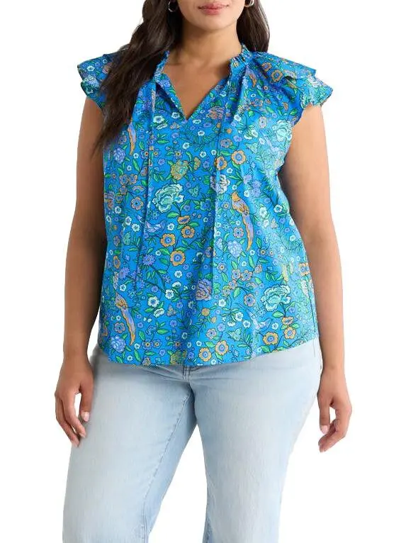 SUGARLIPS Floral Ruffle Cap Sleeve Top - Blue-greens