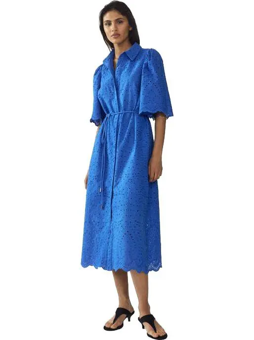 H&m Eyelet-embroidered Cotton Shirt Dress - Bright Blue