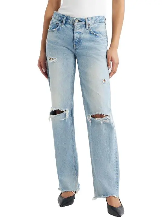 Moussy Vintage Odessa Ripped Ankle Straight Leg Jeans - Light Blue