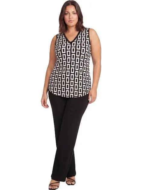 24SEVEN COMFORT APPAREL Geometric Print Sleeveless V-neck Top And Flared Pant Set - Black Multi