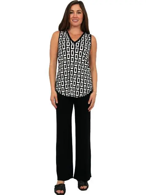 24SEVEN COMFORT APPAREL Geometric Print V-neck Sleeveless Top And Flared Pant Set - Black Multi