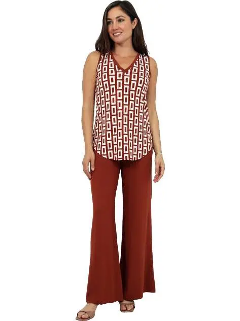 24SEVEN COMFORT APPAREL Abstract Print Sleeveless V-neck Top And Flared Pant Set - Orange Multi