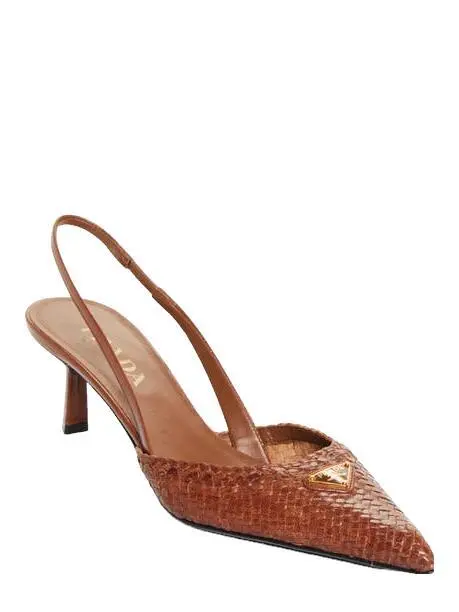 Prada Woven Slingback Pointed Toe Kitten Heel - Cognac