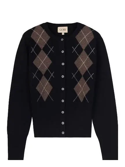 Gobi Cashmere Argyle Cardigan - Black