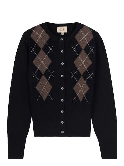 Gobi Cashmere Argyle Cardigan - Black