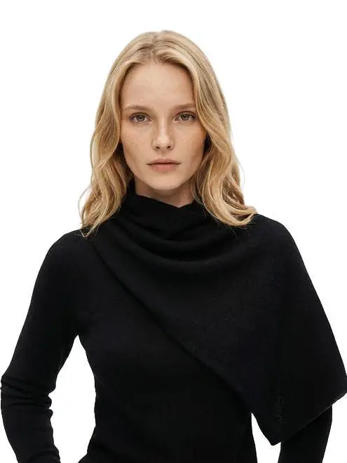 Gobi Cashmere 100% Mongolian Cashmere Sweater With Draped Scarf - Black