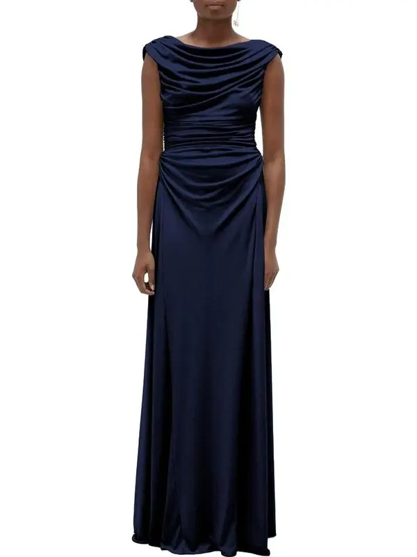 Amsale Draped Cowl Neck Maxi Gown - Navy