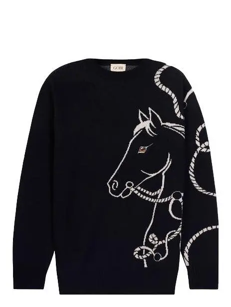 Gobi Cashmere Horse Jacquard Crewneck Sweater - Black