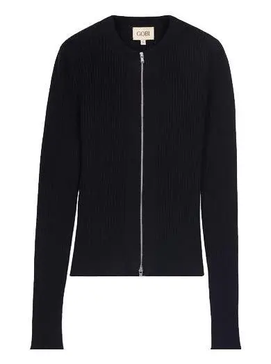 Gobi Cashmere Ribbed Two-way Zip Cardigan - Black