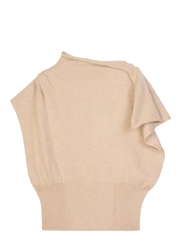 Gobi Cashmere Asymmetrical Funnel Neck Top With Cape Overlay - Beige