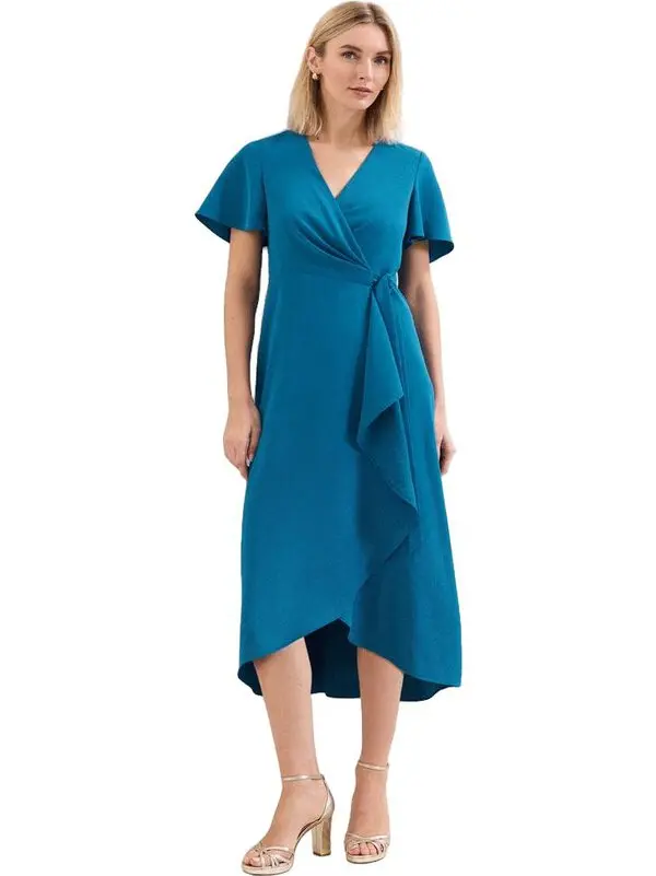 PHASE EIGHT Julissa Wrap Midi Dress With Flutter Sleeves And Cascading Ruffle - Blue