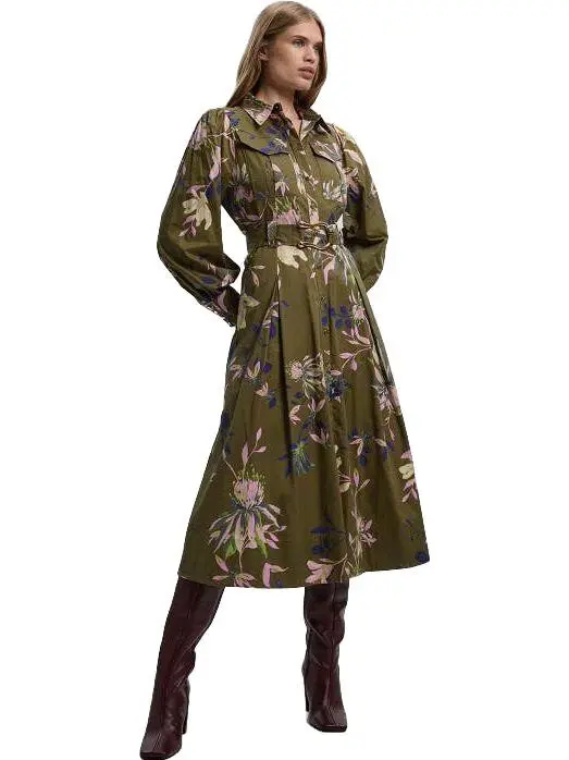 Karen Millen Floral Cotton Sateen Midi Shirt Dress - Khaki