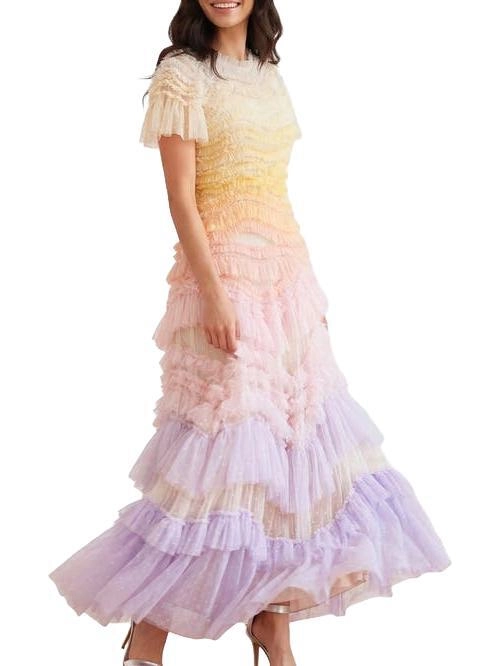 NEEDLE & THREAD Short Sleeve Ombre Gown - Sunset