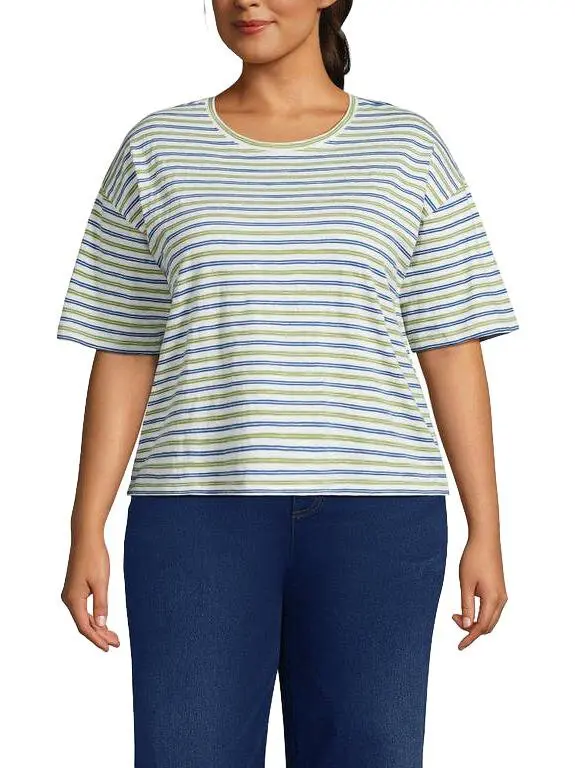 LANDS' END Short Sleeve Slub Jersey Eyelet T-shirt - Bright Pistachio/teal Stripe