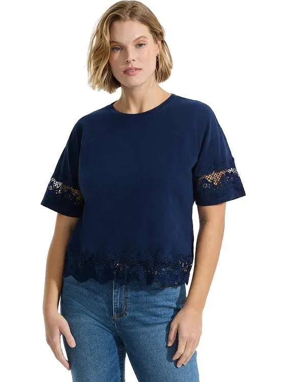 LANDS' END Short Sleeve Slub Jersey Eyelet T-shirt - Deep Sea Navy