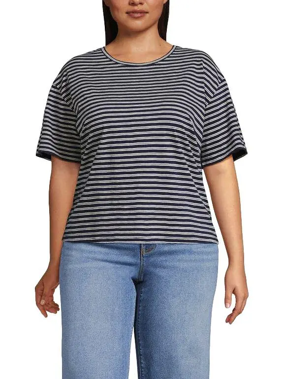 LANDS' END Short Sleeve Slub Jersey Eyelet T-shirt - Faded Navy/ivory Latte Stripe