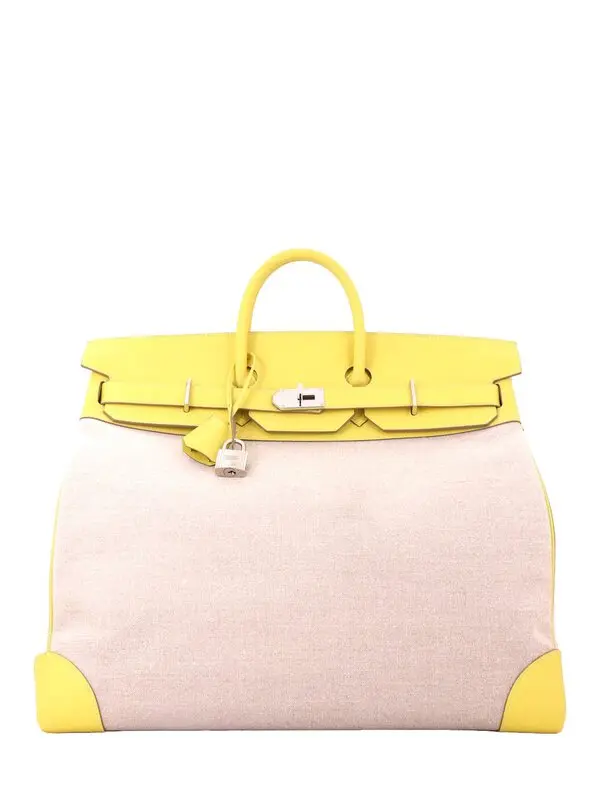 Hermès Hac Birkin Bag Toile And Yellow Evercolor With Palladium Hardware 50 - Lime