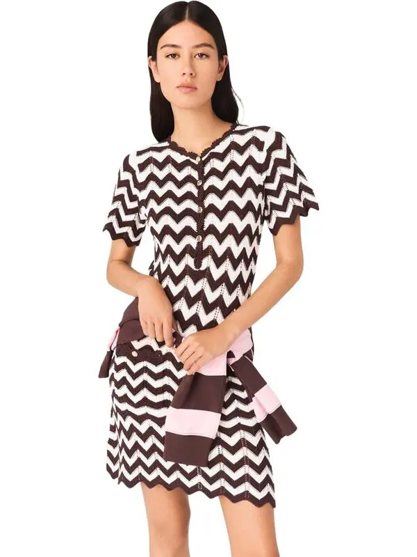 Maje Zigzag Crochet Dress - Brown/white