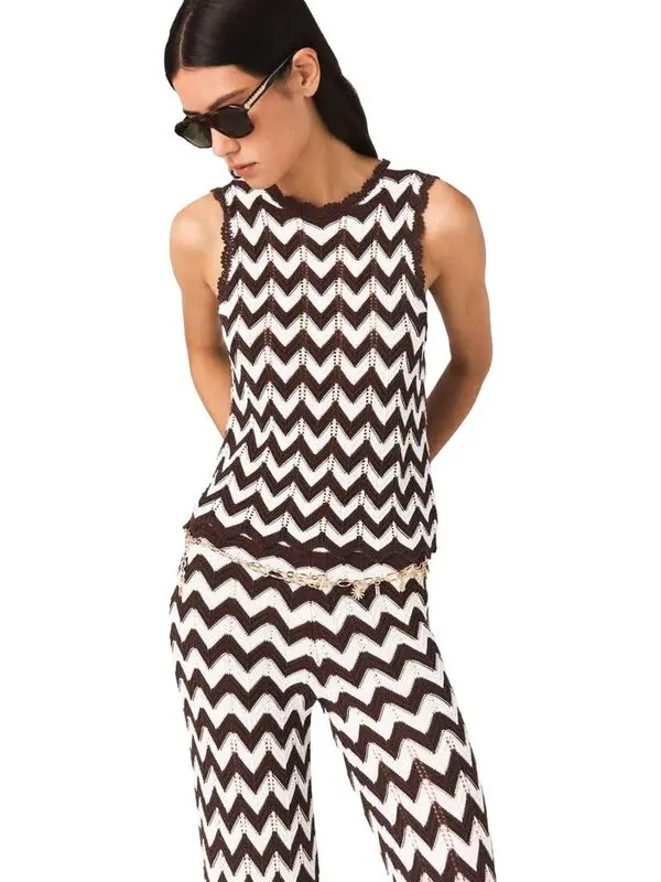 Maje Zigzag Crochet Knit Tank Top - Brown/white