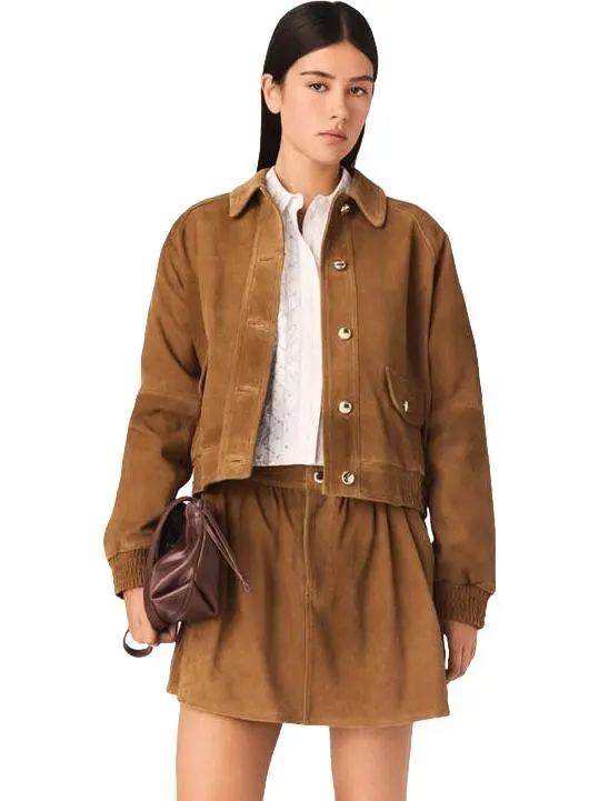 Maje Cropped Suede Jacket With Gold Button Details - Camel