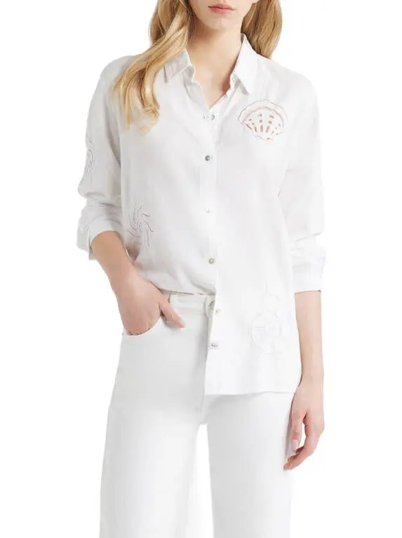 Rails Charli Linen Blend Button-up Shirt With Shell Embroidery - White Seashells