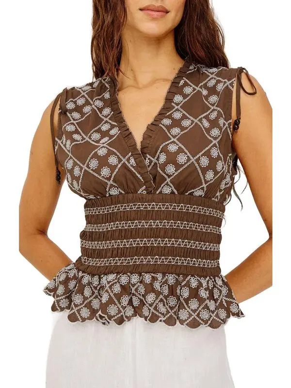 Rails Rizzo Embroidered Peplum Top - Cocoa Daisy Embroidery