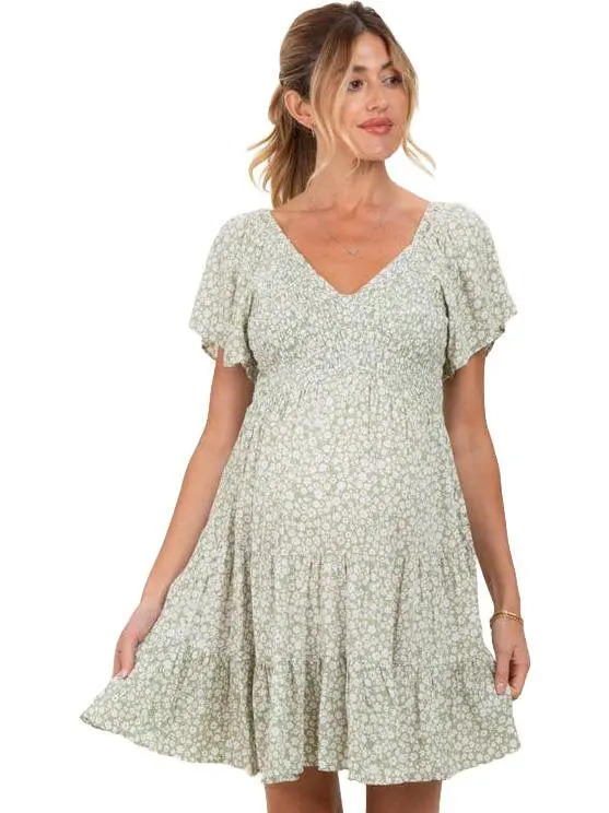 PINKBLUSH V-neck Smocked Bodice Ditsy Print Tiered Maternity Dress - Green