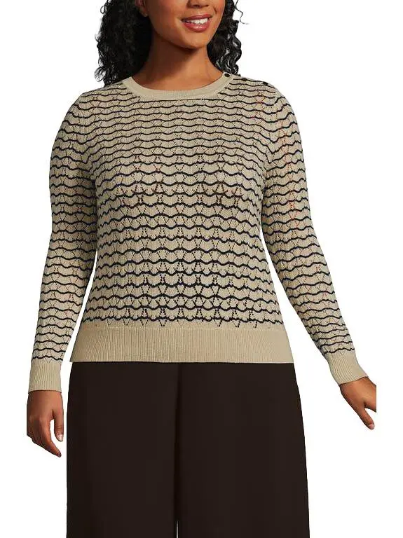 LANDS' END Cotton Viscose Button Shoulder Modern Crew Sweater - Champagne/navy Stitch Stripe