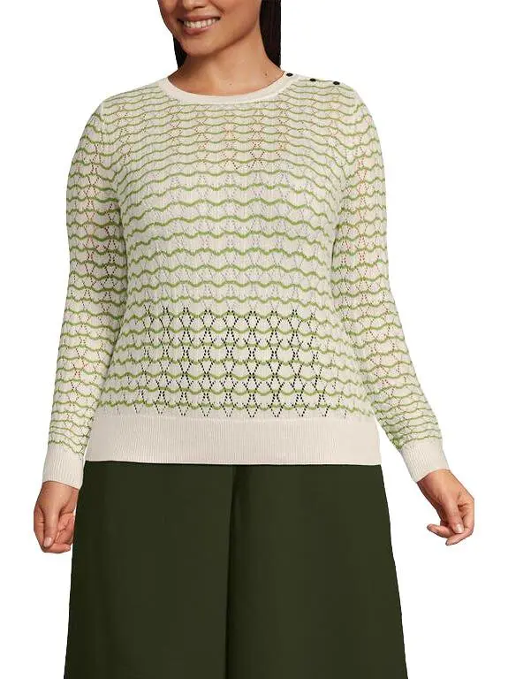 LANDS' END Cotton Viscose Button Shoulder Modern Crew Sweater - Pistachio/ivory Stitch Stripe