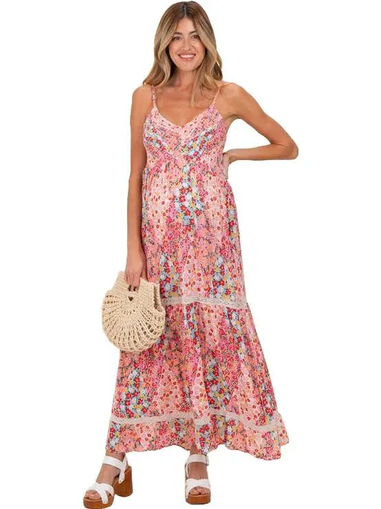 PINKBLUSH Smocked Bust V-neck Maxi Dress With Lace Trim - Pink