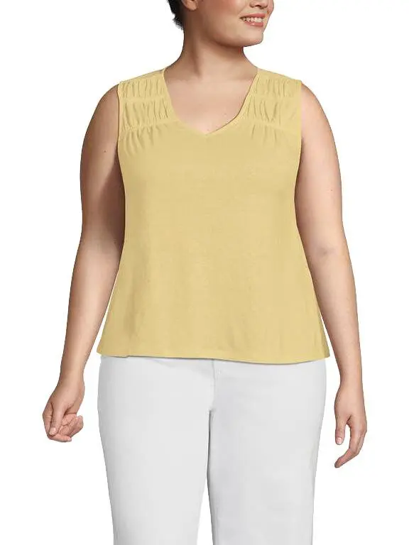 LANDS' END Linen Blend Smocked Flowy Tank - Pale Sunbeam Yellow