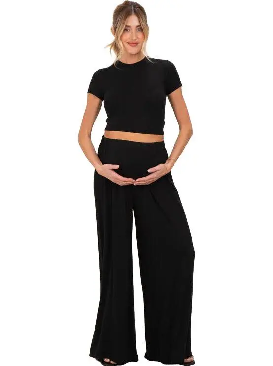 PINKBLUSH Short Sleeve Crop Top And Wide Leg Pant Maternity Set - Black