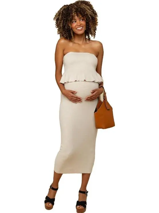 PINKBLUSH Strapless Ribbed Knit Peplum Top And Midi Skirt Maternity Set - Cream