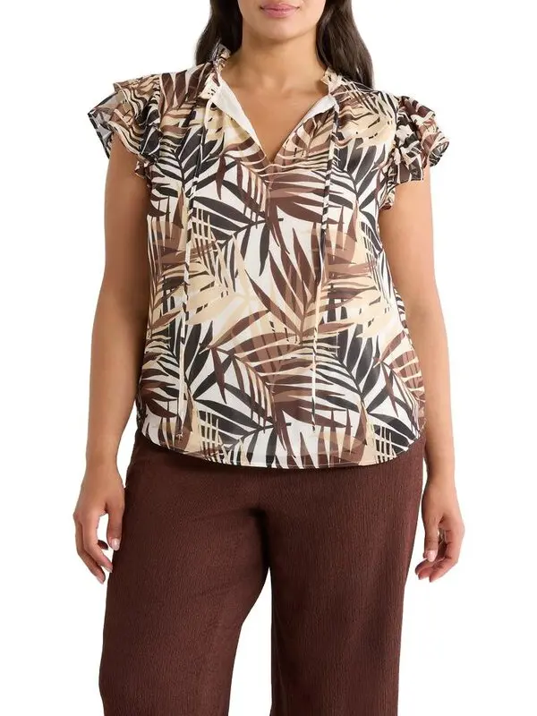 Anne Klein Ruffled Tie Neck Printed Blouse - White Dove Multi