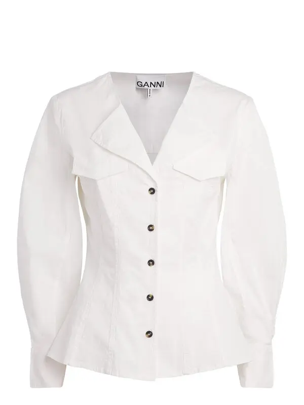 GANNI Stretch-cotton V-neck Shirt - White