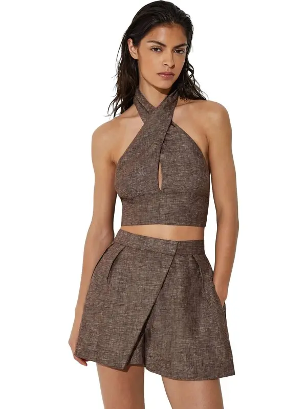 REISS Serena Linen Wrap-front Halterneck Crop Top - Taupe Brown