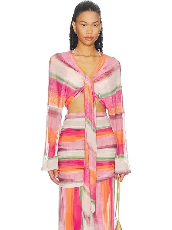 JBQ Esther Top Lightweight Mesh Front Tie Blouse - Pink