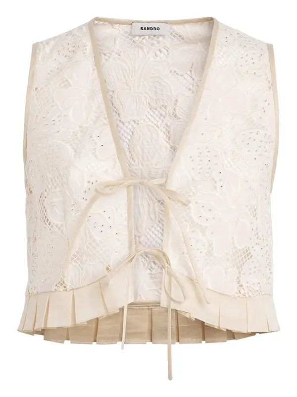 Sandro Lace Embellished V-neck Crop Top - Beige