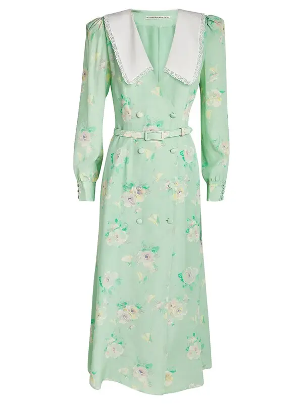 Alessandra Rich Silk Floral Double-breasted Midi Dress With Oversized Collar - Green