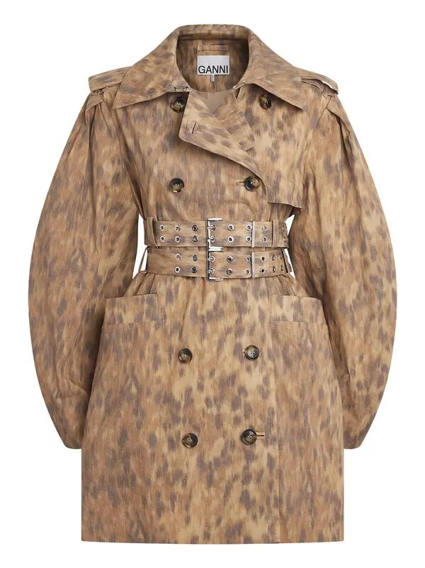 GANNI Leopard Print Belted Trench Coat - Beige