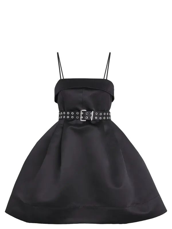 GANNI Satin Bubble Mini Dress With Signature Hardware Belt - Black